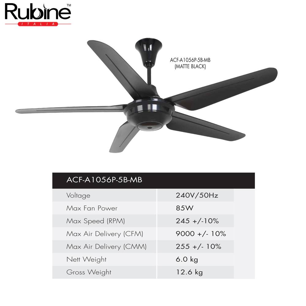 [2 pcs ] Rubine Able ACF-A1056P-5B-MB Ceiling Fan 56"