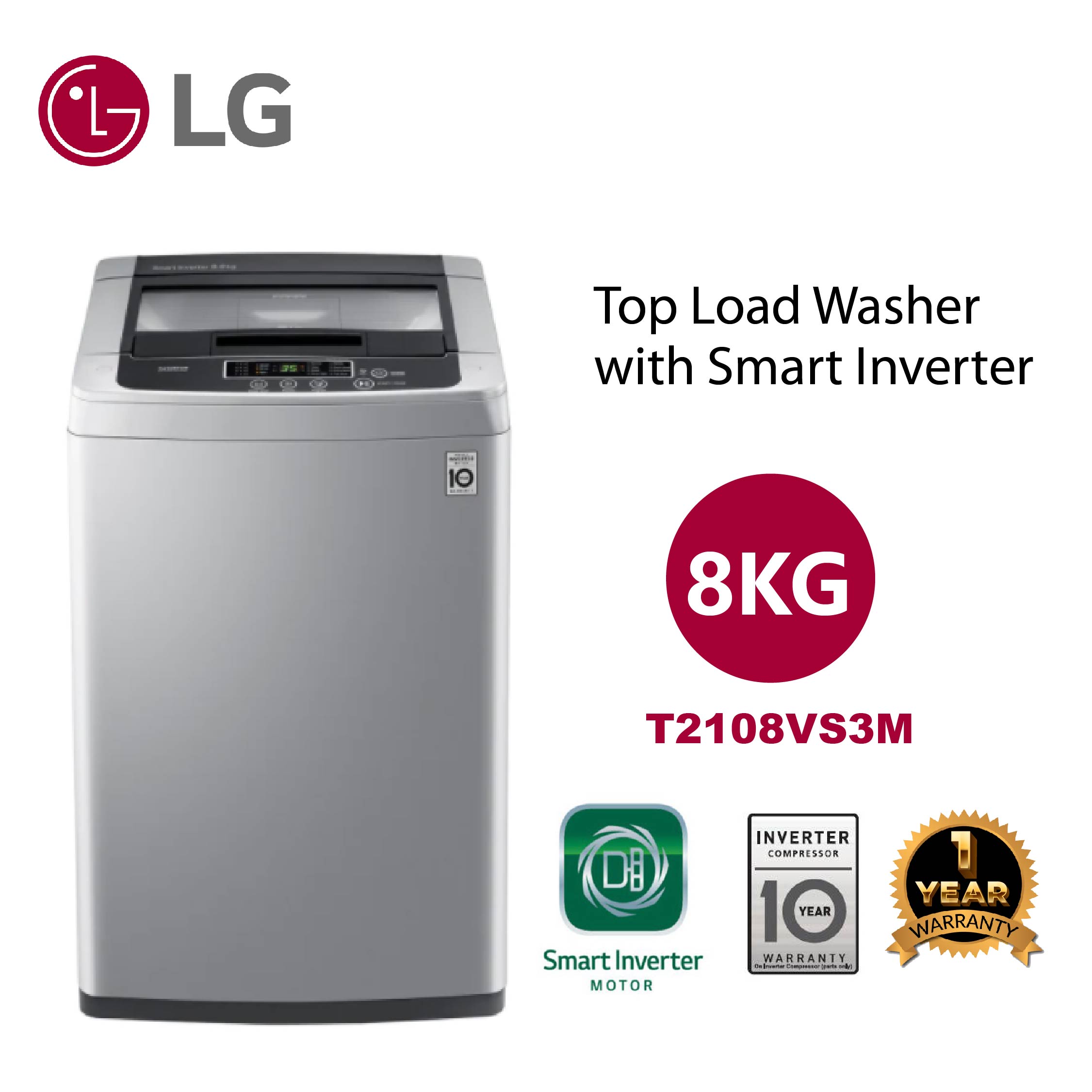 LQ T2108VS3M 8kg Top Load Washer with Smart Inverter